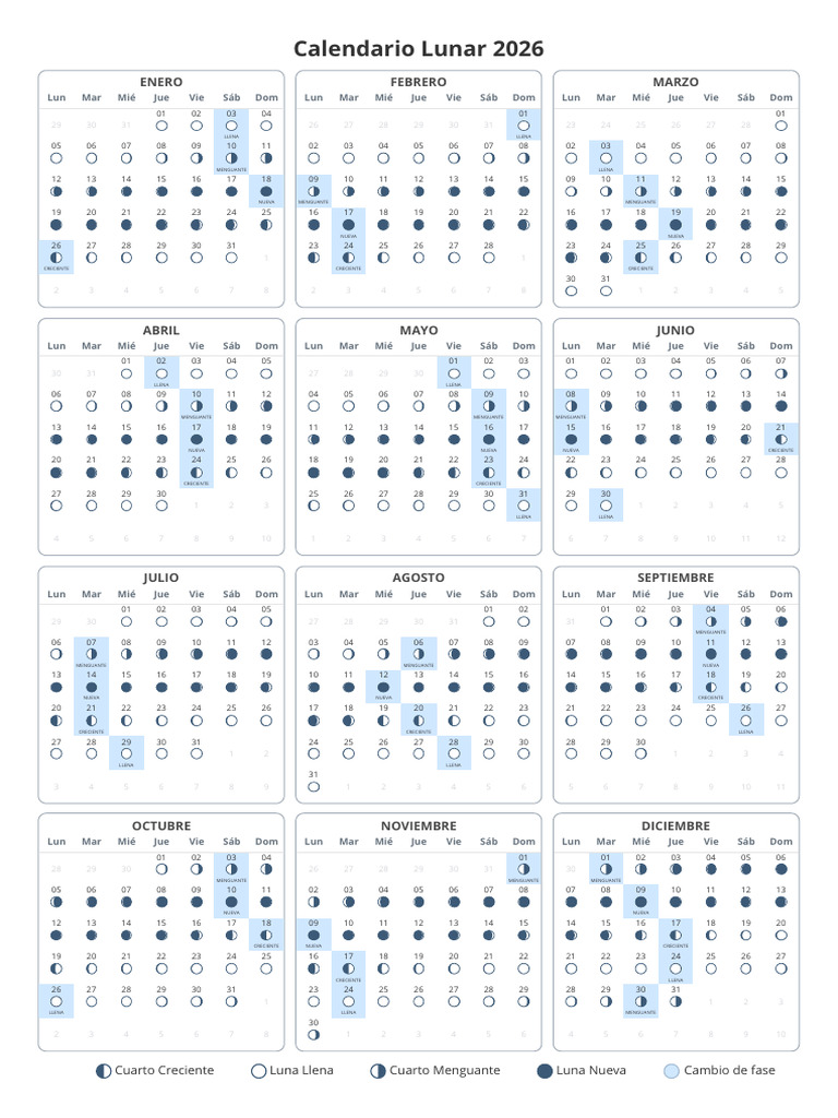 Calendario Lunar 2026 (Imprimir Calendario Lunar de 2026) | PDF | Luna ...
