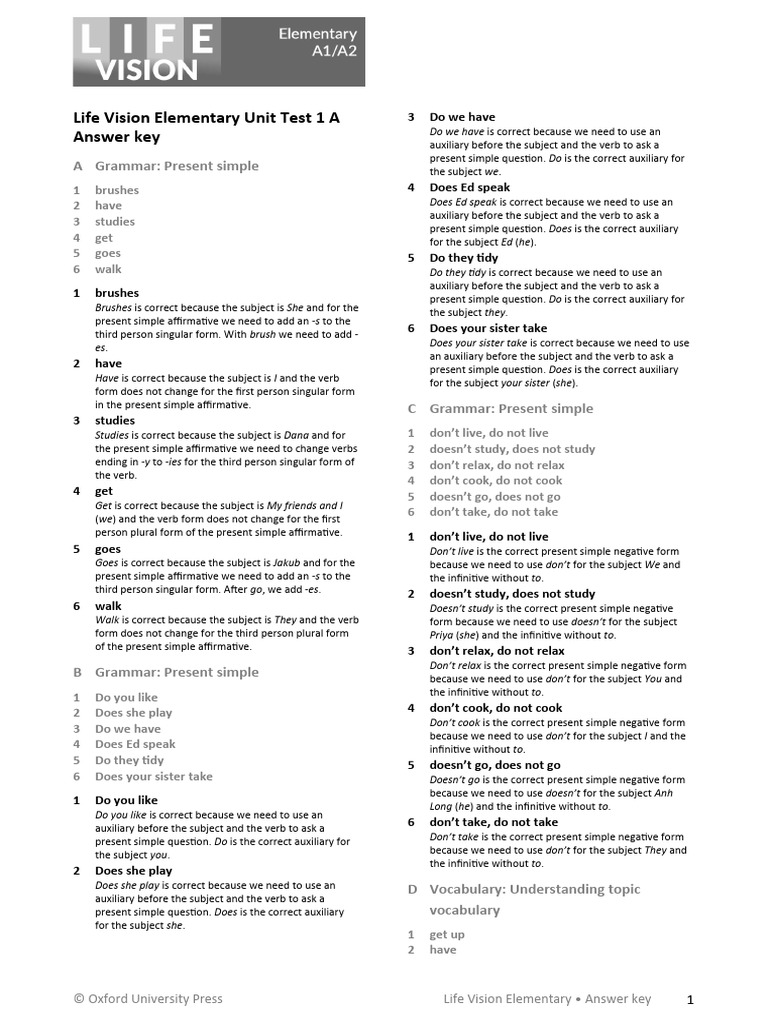 Lif Visi Ele Unit 1a Answer Key | PDF | Question | Linguistics