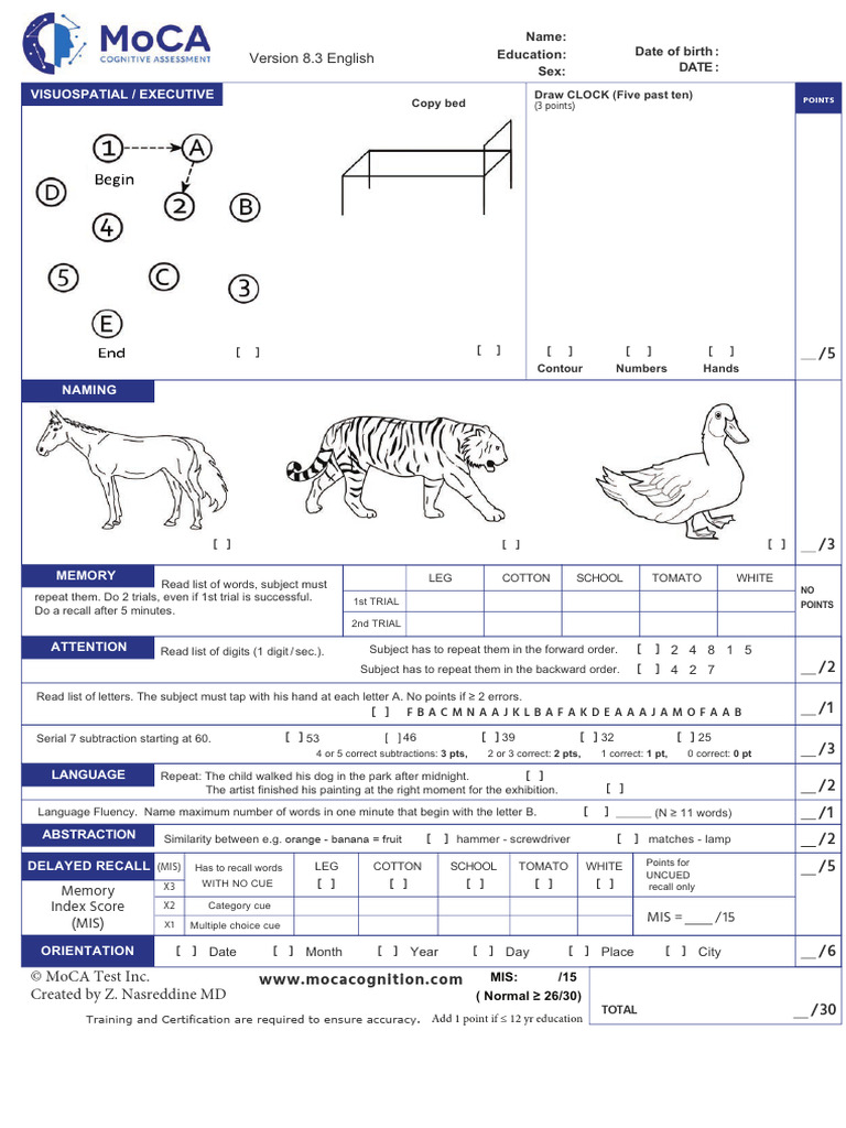 MoCA-8.3-English-Test-2020 | PDF | Fruit