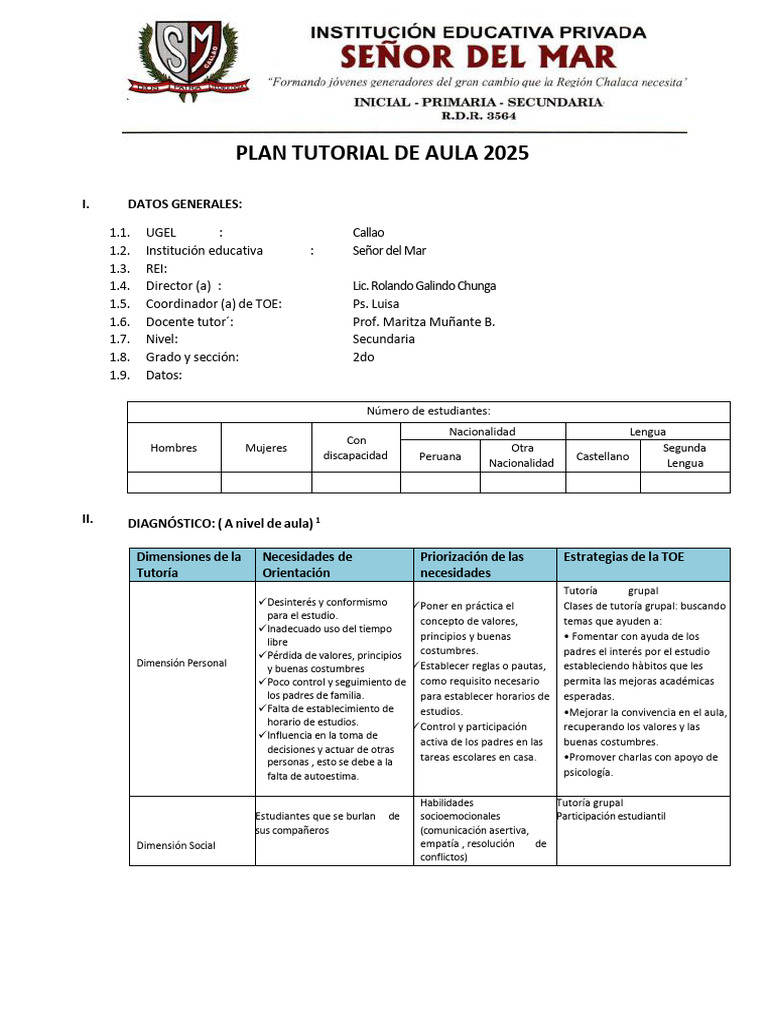 Plan-Tutorial-De-Aula-2025 - 2do Sec. | PDF | Autorregulación emocional | Las emociones