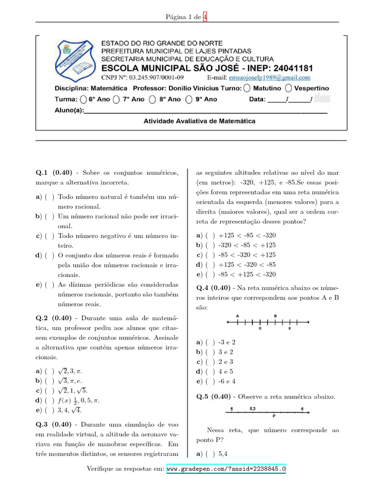 PROVA 8° ANO - 1° BIMESTRE MODELO 1 | PDF | Matemática | Conceitos matemáticos