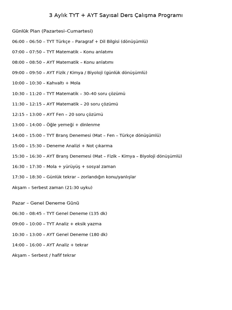 TYT AYT 3 Aylik Program | PDF