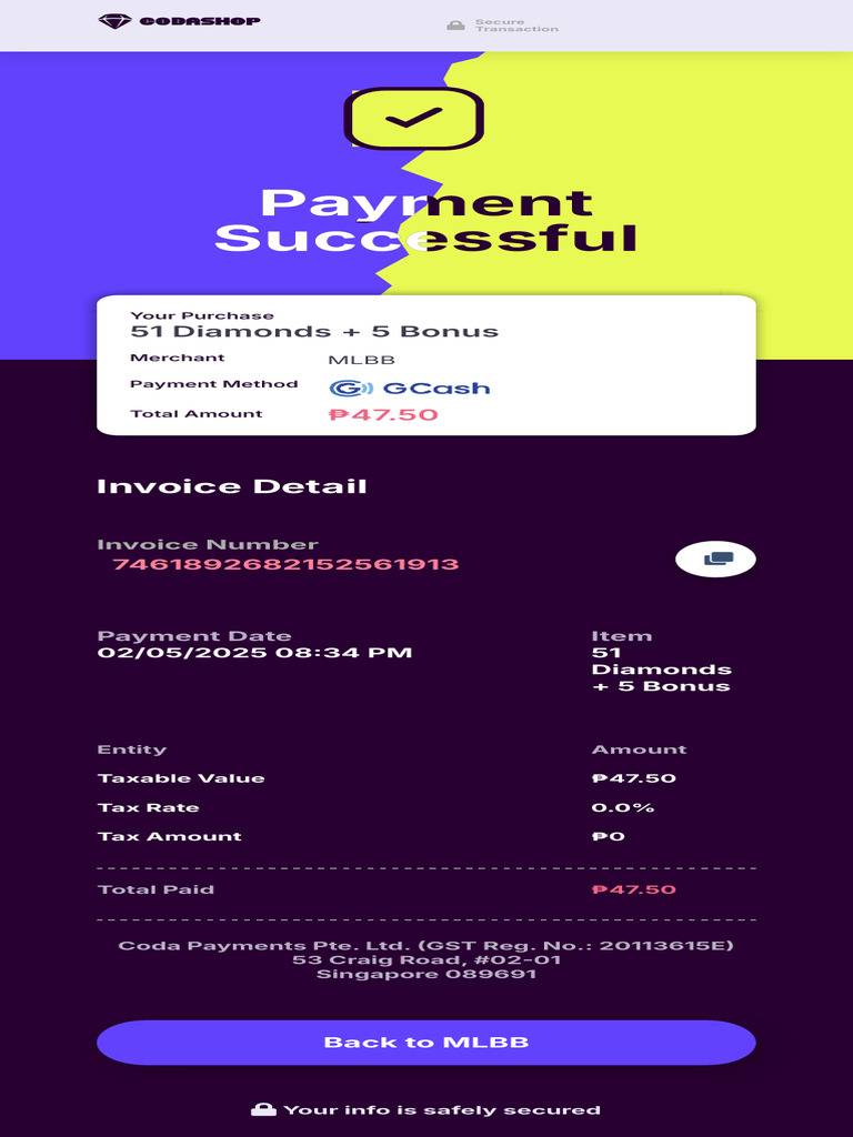 Coda Payment Receipt for MLBB Purchase | PDF
