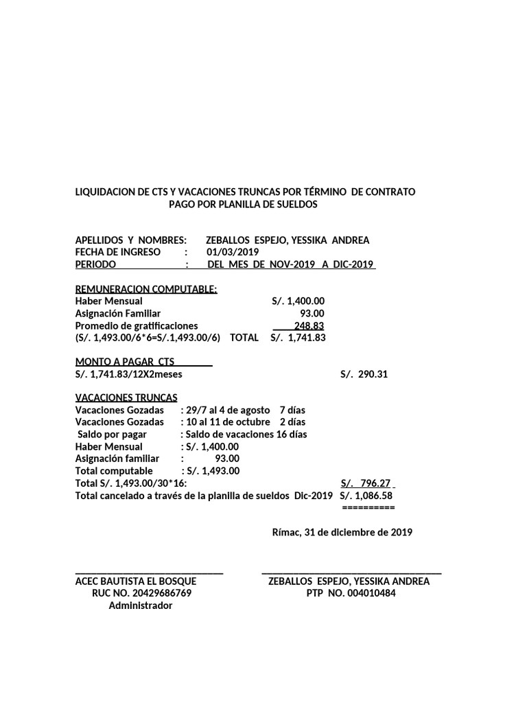 Liquidacion Final CTS y Vac. 2020 Aled | PDF