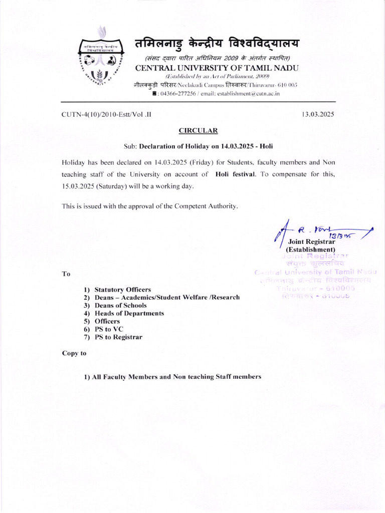 Holiday Circular Holi | PDF