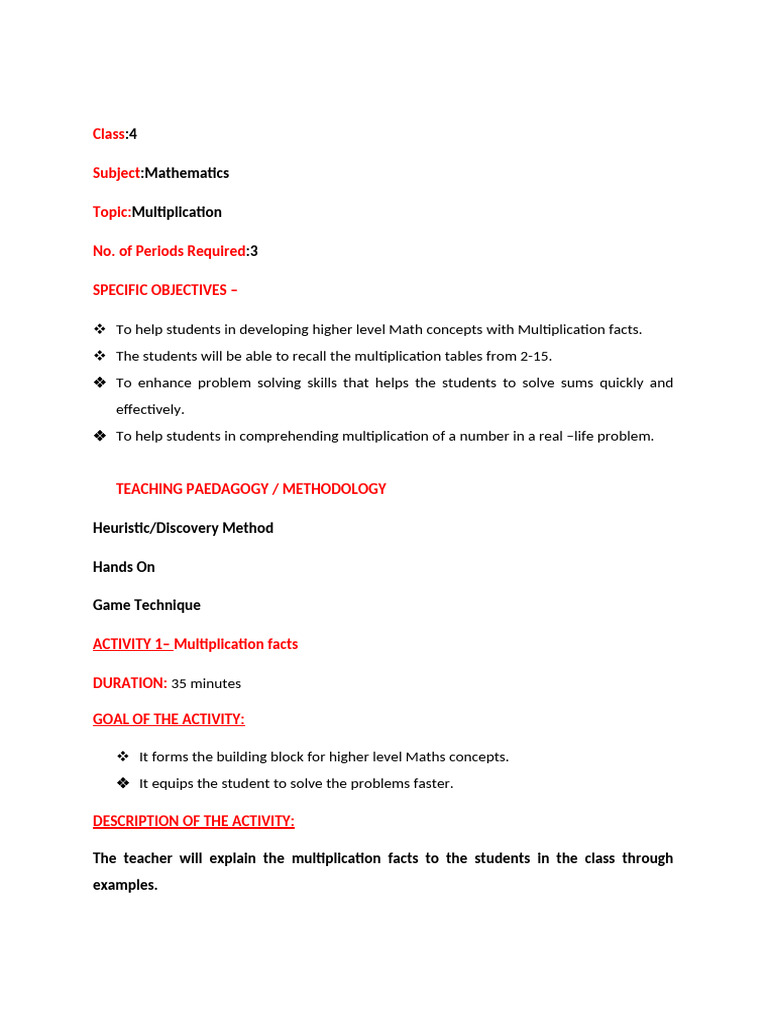 Lesson Plan INTRODUCTION ACTIVITY 1 Maths Class 4 - Multiplication | PDF