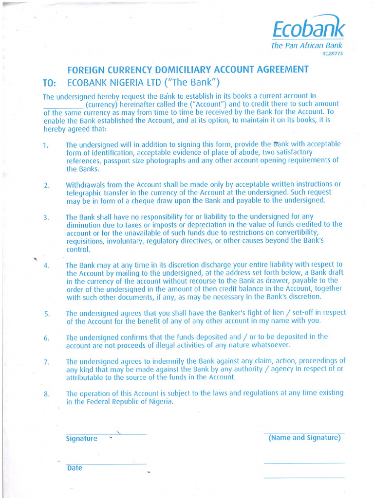 Foreign Currency Domicilary Account Agreement Form 1 (1) 1 | PDF