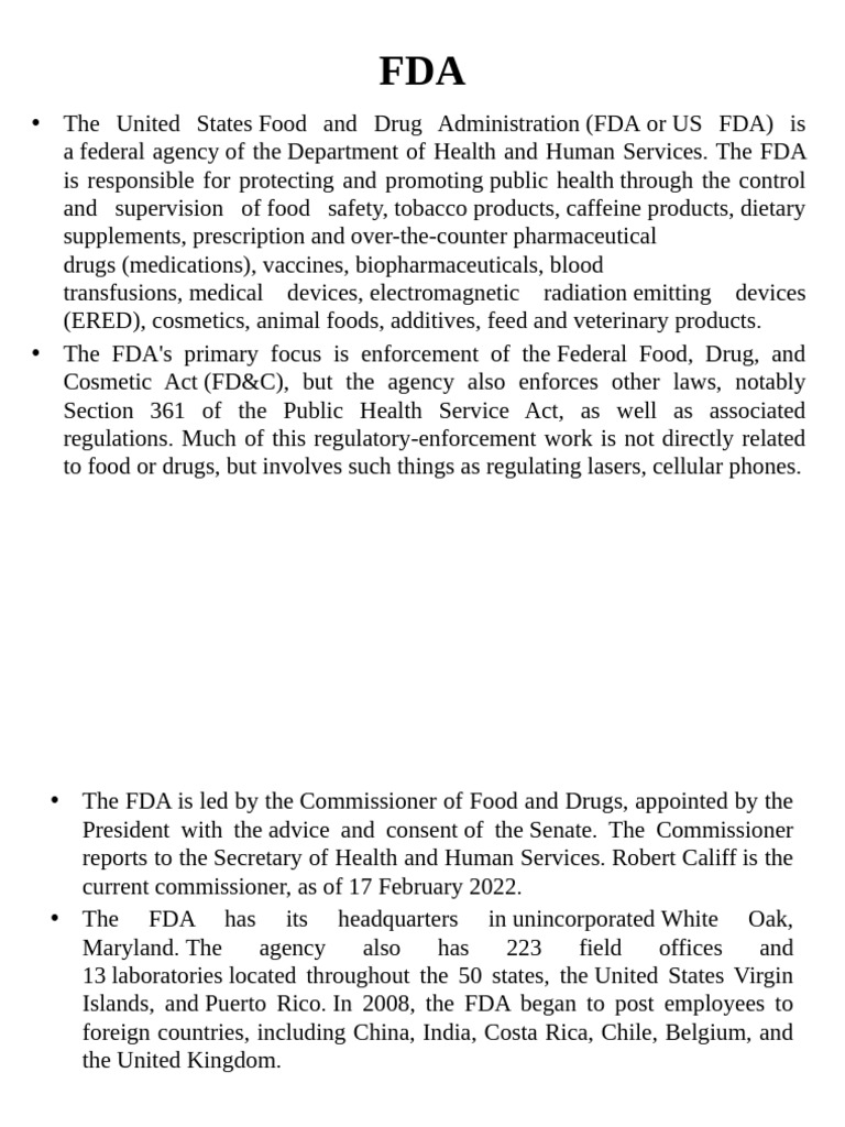 Overview of FDA and Food Safety Standards | PDF | Food And Drug ...