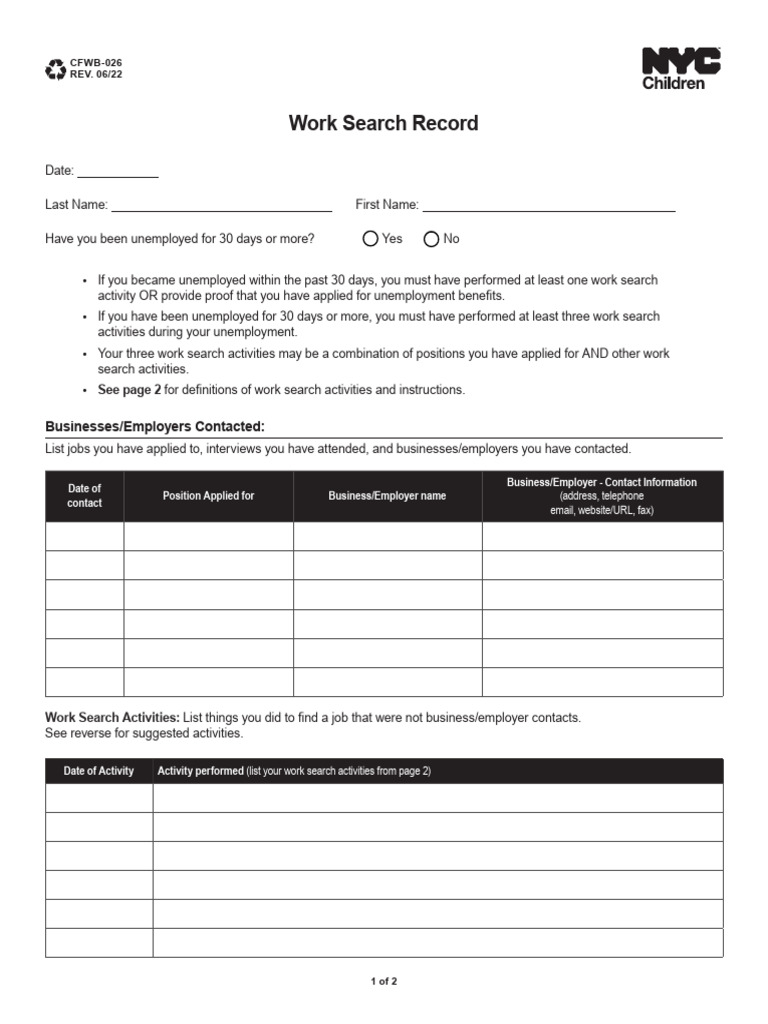 Work Search Record for Unemployment Benefits | PDF | Employment | Job ...