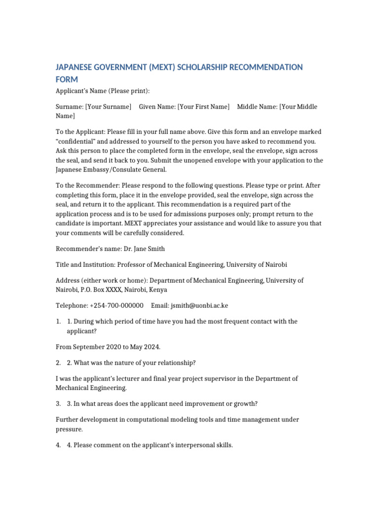 MEXT Scholarship Recommendation Form Sample | PDF