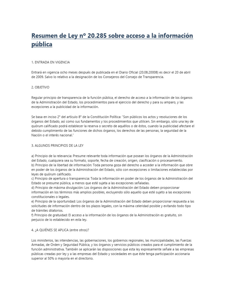 Resumen de Ley #20285 | PDF | Leyes de libertad de información por país ...