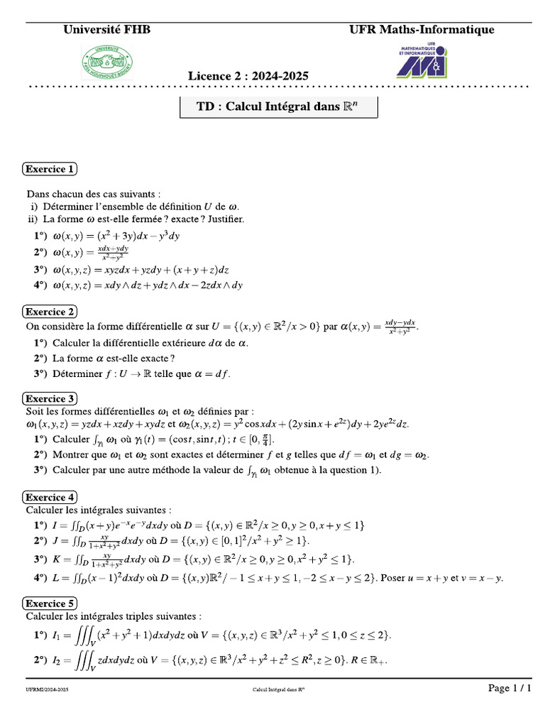 TD CALCUL INTEGRAL DANS RN - 24-25 | PDF
