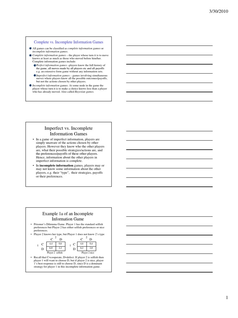Complete vs. Incomplete Information Games | PDF | Gaming | Economics Of ...