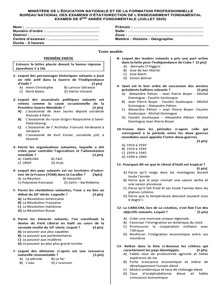 Examen 9ème Année 2025 - Histoire-Géo | PDF | Haïti