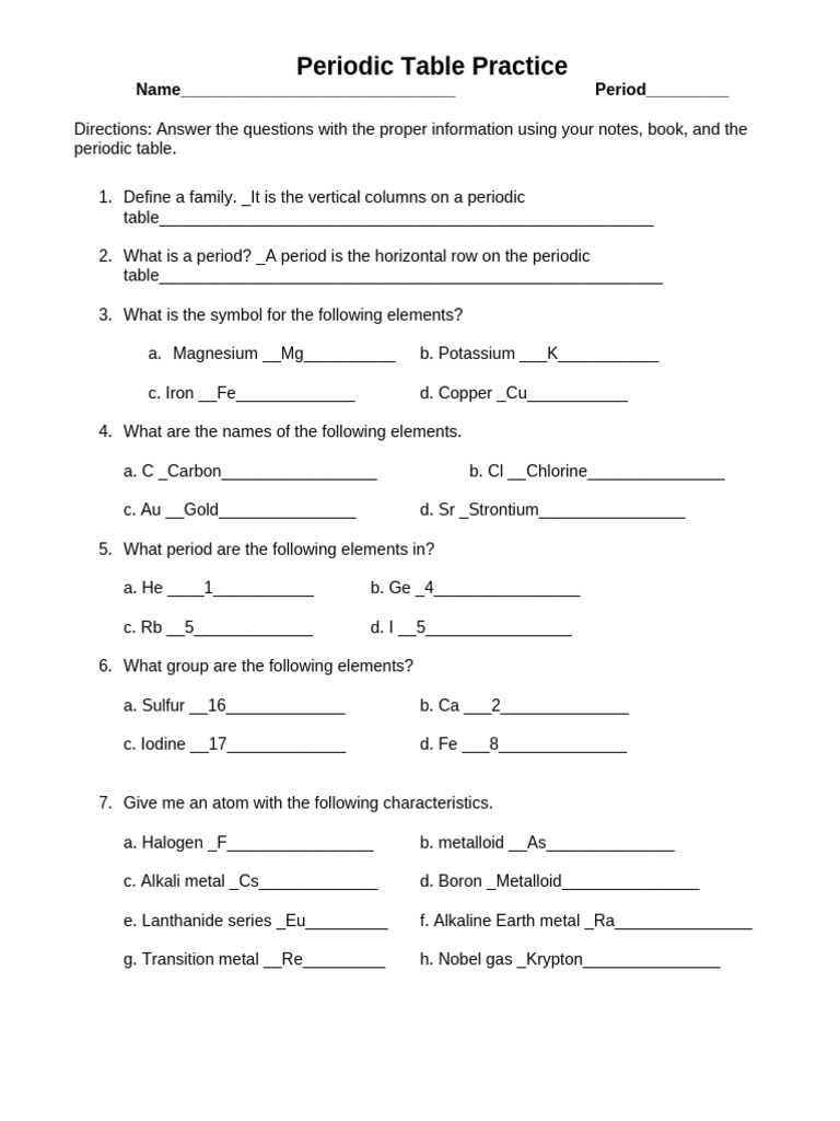 Periodic Table Practice Worksheet | PDF | Chemical Elements | Periodic ...