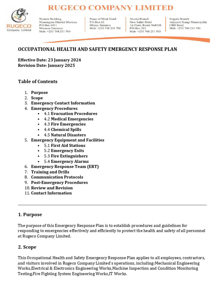 Rugeco Company Limited - Occupational Health and Safety Emergency Response Plan | PDF ...