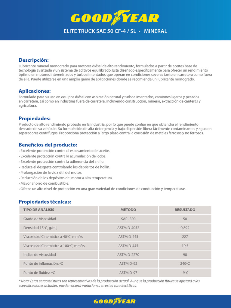 F.T_Goodyear_Elite_Truck_SAE-50_CF4-SF_Mineral | PDF | Lubricante