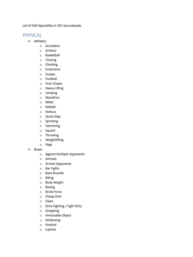 List of Skill Specialties of SPCs in V5 Sourcebooks | PDF