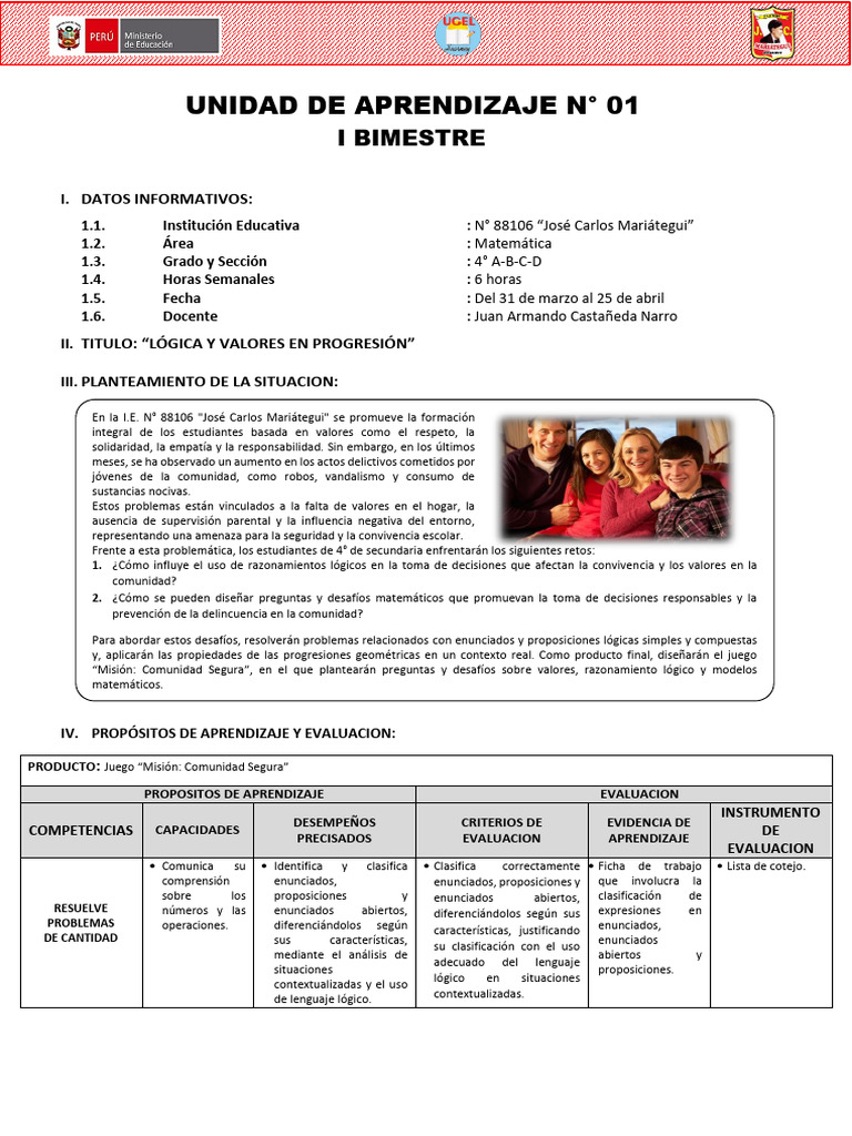 Unidad de Aprendizaje N 01-4to-Jcm | PDF | Proposición | Aprendizaje