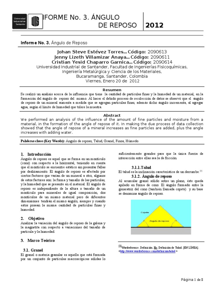 Informe 3. Angulo de Reposo | PDF | Minerales | Materiales