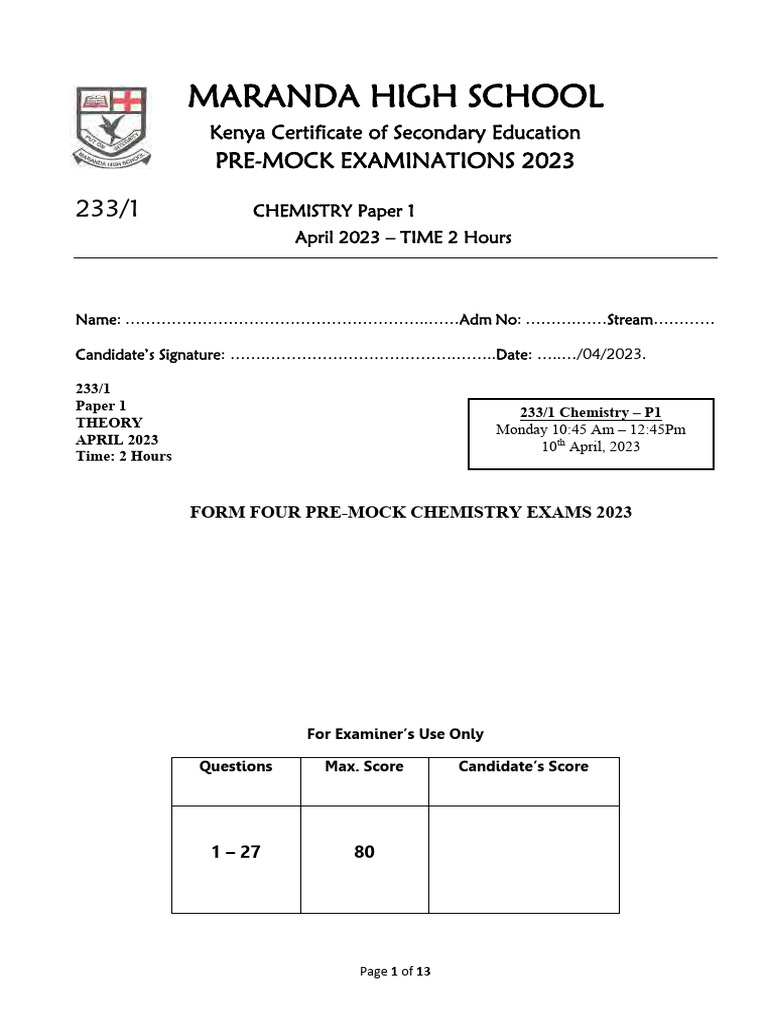 2023 Maranda Pre Mock Chem Pp1 Qns | PDF | Solubility | Physical Sciences