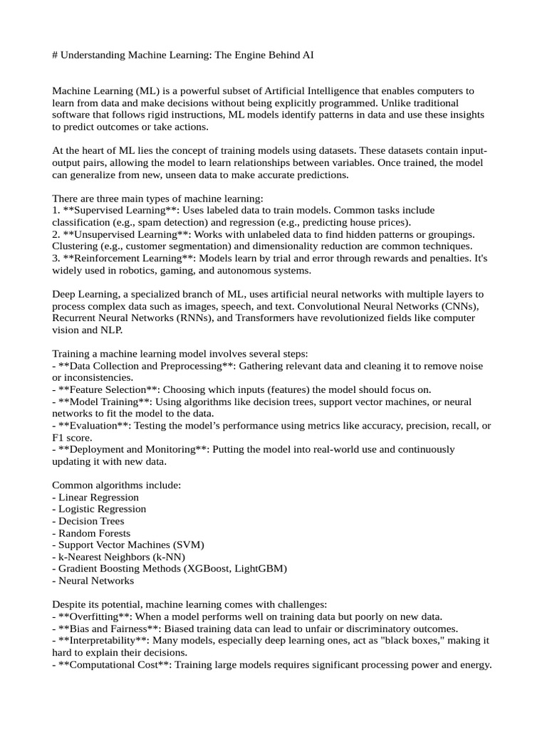 Understanding Machine Learning: The Engine Behind AI | PDF | Machine Learning | Artificial ...