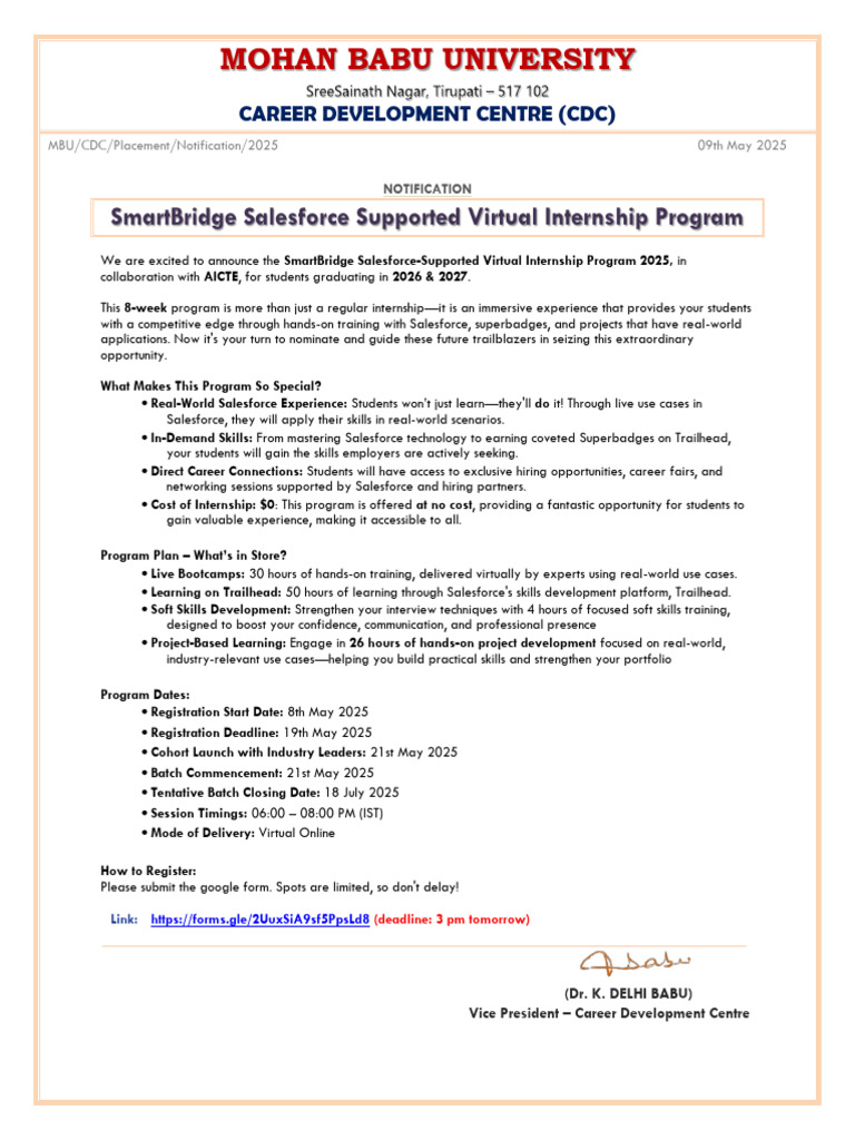 SmartBridge Salesforce Supported Virtual Internship Program - 2026 & 2027 - Batch - Notification ...