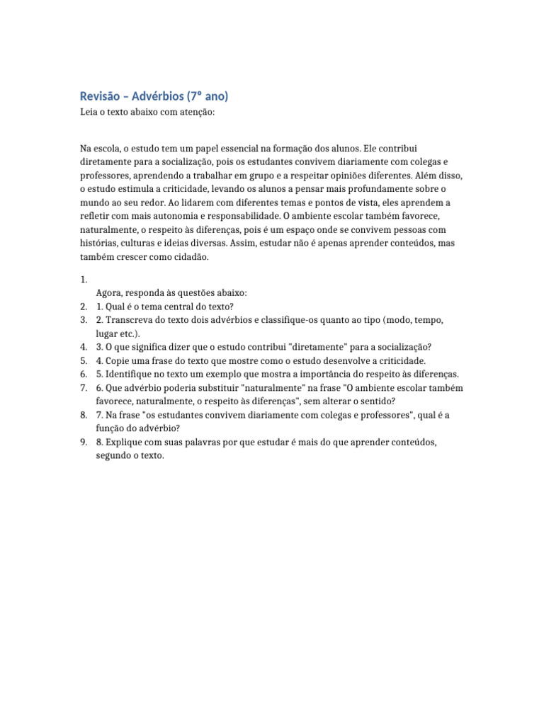 Atividade Adverbios 7ano | PDF