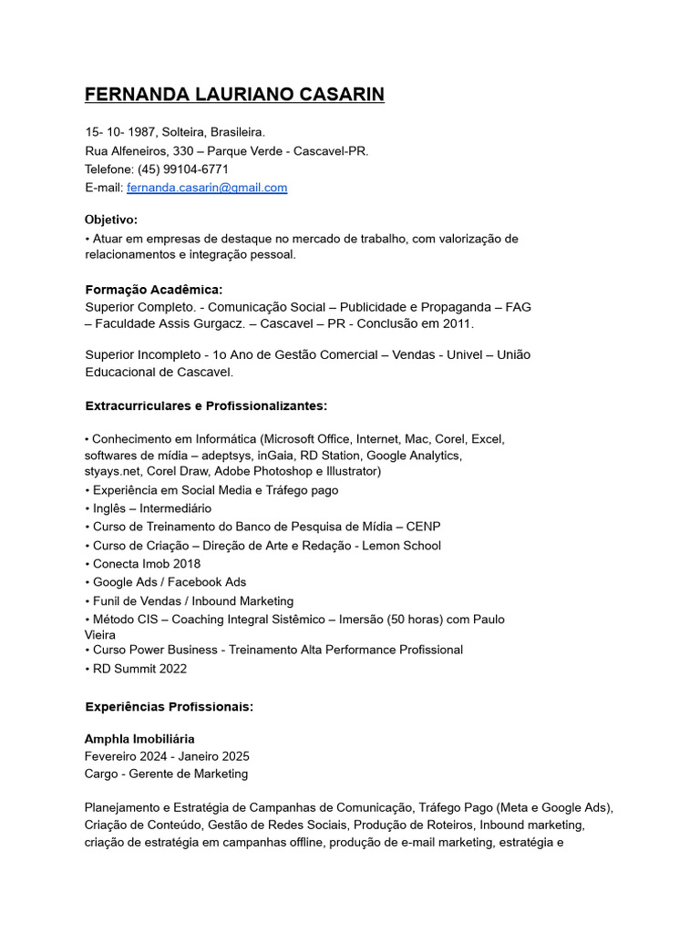 CV FERNANDA LAURIANO CASARIN 2025 | PDF | Marketing | Facebook