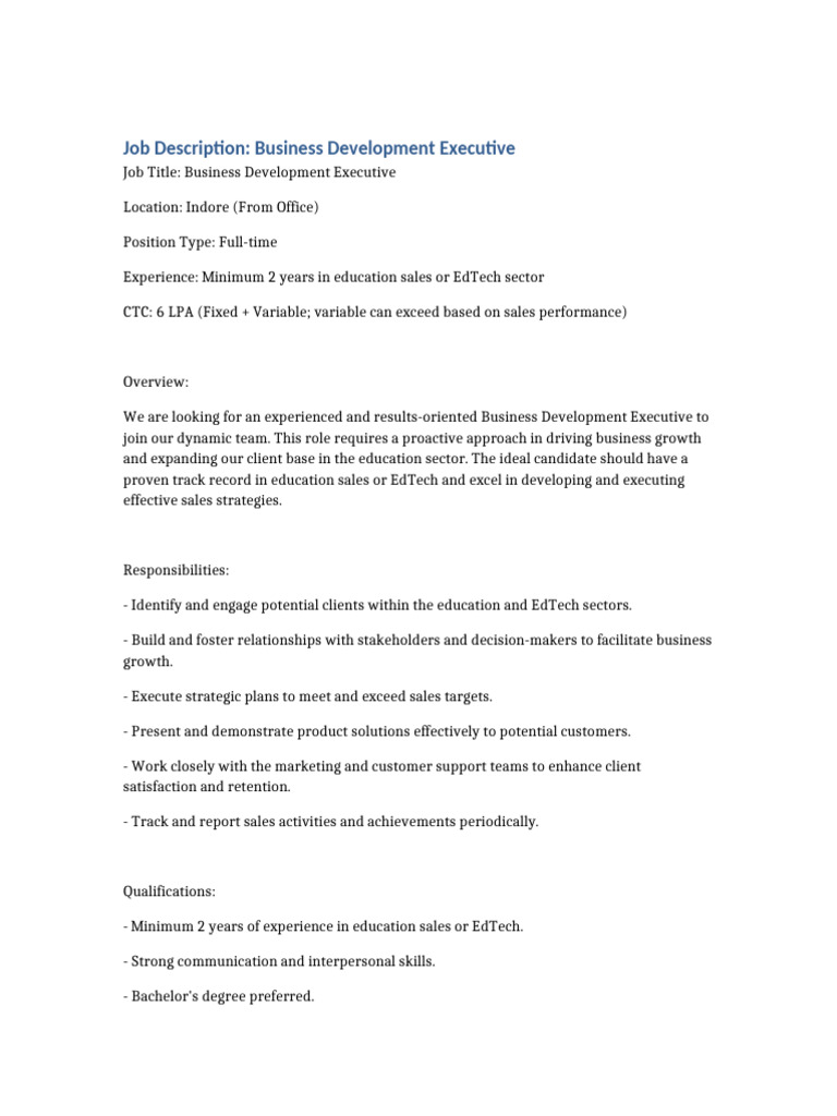 Business Development Executive Job Description | PDF