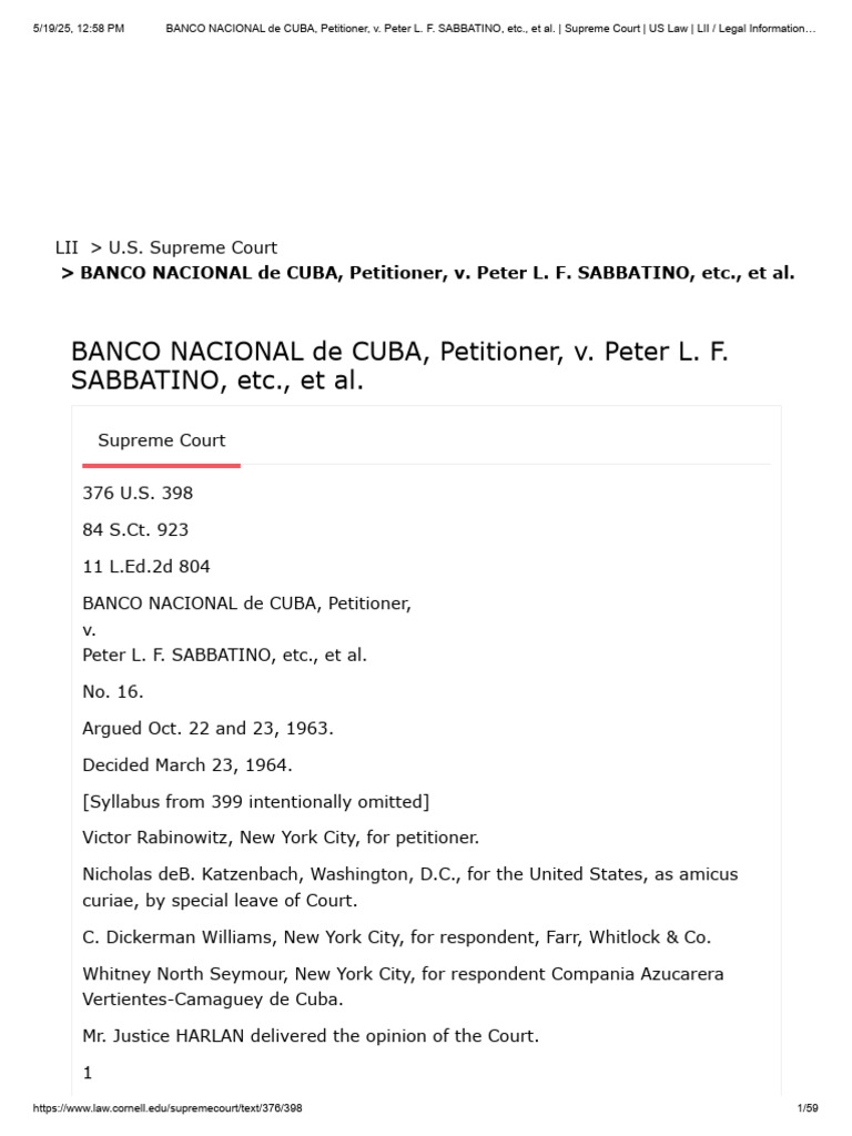 BANCO NACIONAL de CUBA, Petitioner, V. Peter L. F. SABBATINO, Etc., Et ...