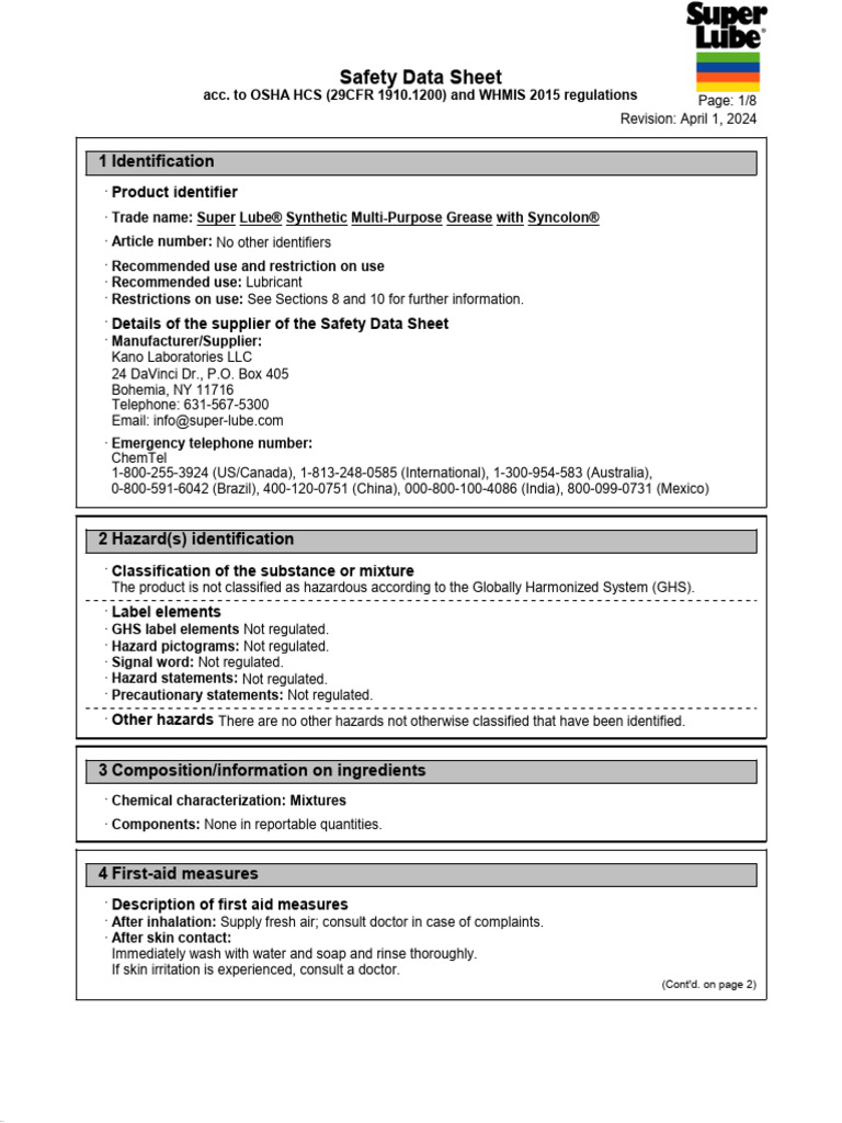 Super Lube® Synthetic Grease SDS | PDF | Occupational Safety And Health ...