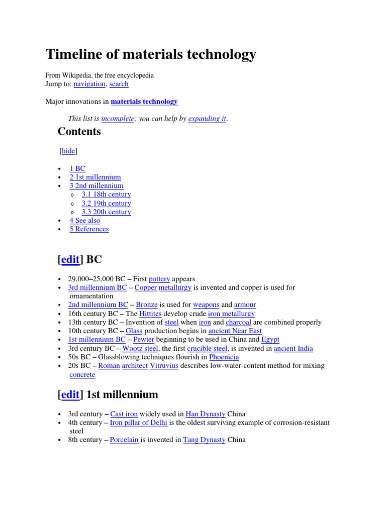 Timeline of Materials Technology | PDF | Metallurgy | Steel