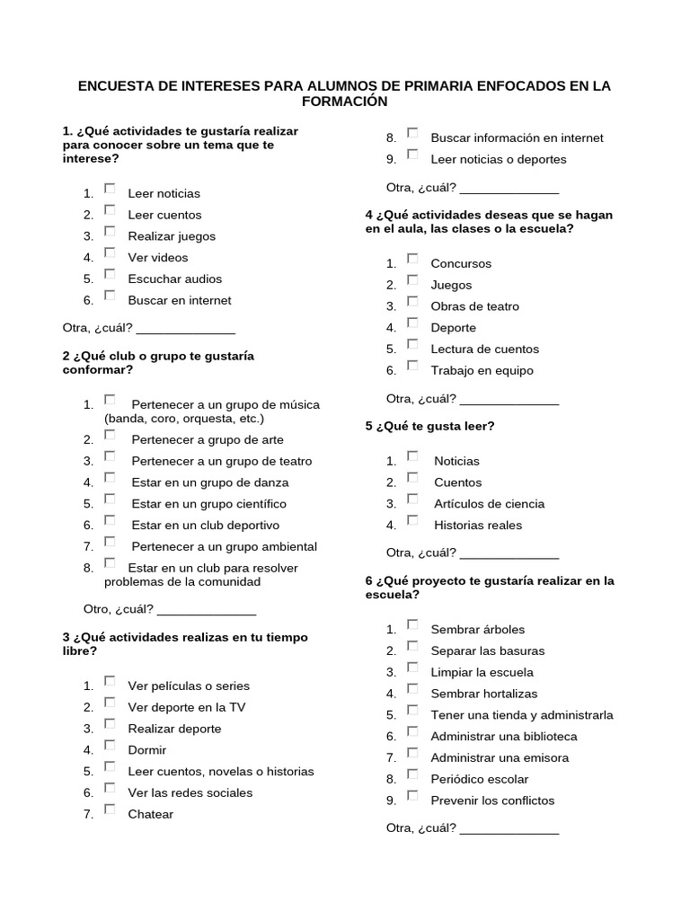Encuesta de Intereses para Alumnos de Primaria Enfocados en La ...