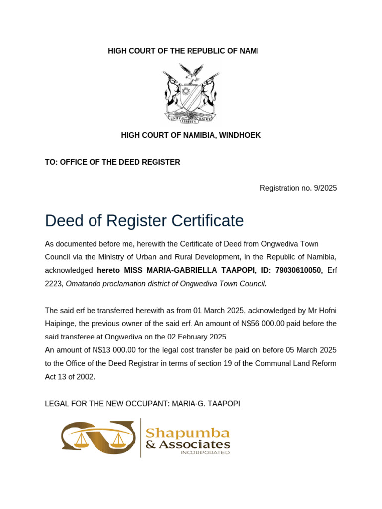 Deed Registration for Erf 2223, Namibia | PDF