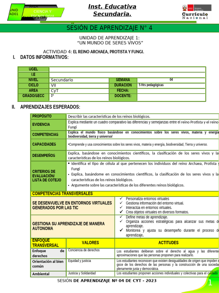 D1º SES-ACT 4-CYT U1 SEM 4 | PDF | Archaea | Aprendizaje