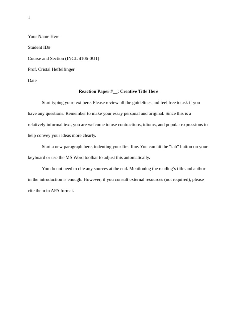 Reaction Paper Template - 4106 - Spring25 | PDF