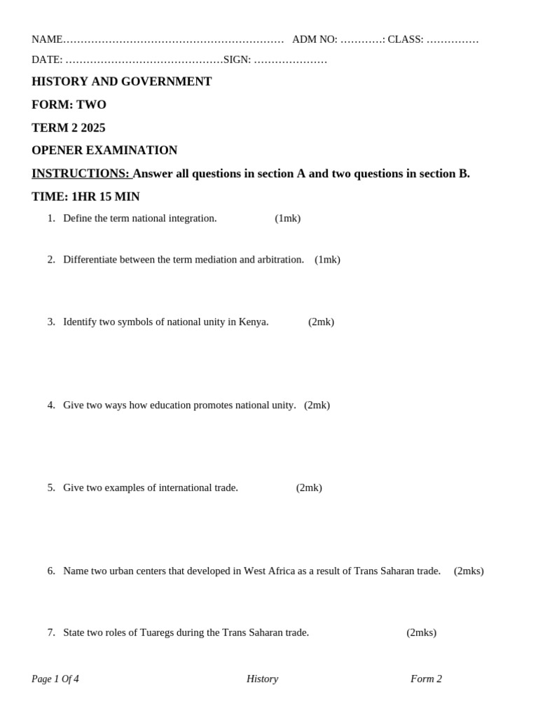 2025 History F2 QS T2 Exam 1 Teacher - Co - .Ke | PDF
