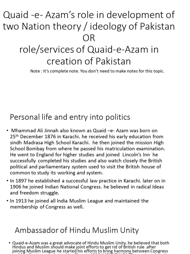 ROLE of QUAID E AZAM in Development of Two Nation Theory and Creation ...