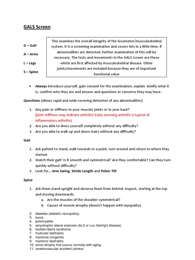 GALS Screen: G Gait A Arms L Legs S Spine | Download Free PDF ...