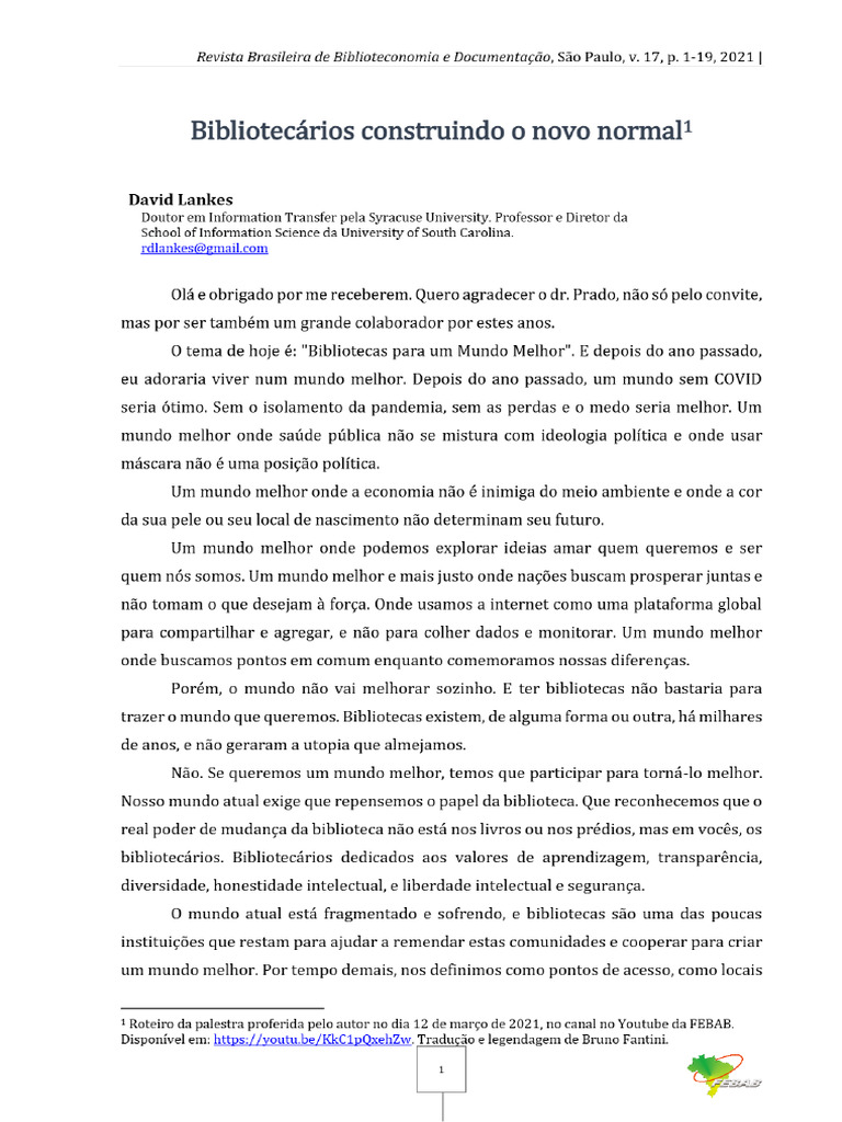 David Lankes - Vista Do Bibliotecários Construindo o Novo Normal | PDF
