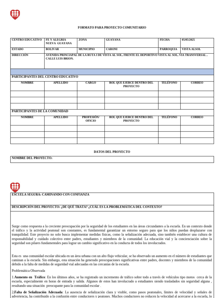 Formato para Proyectos Comunitarios | PDF | Valores | Seguridad vial