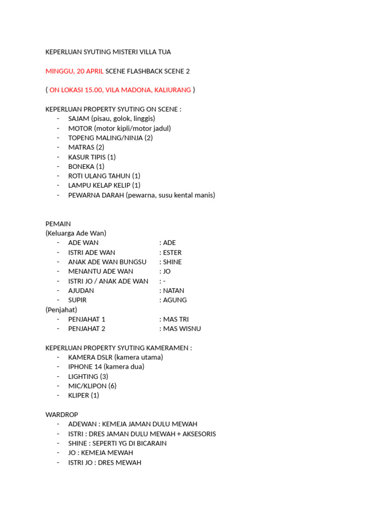 SYUTING DAY 1 MINGGU | PDF