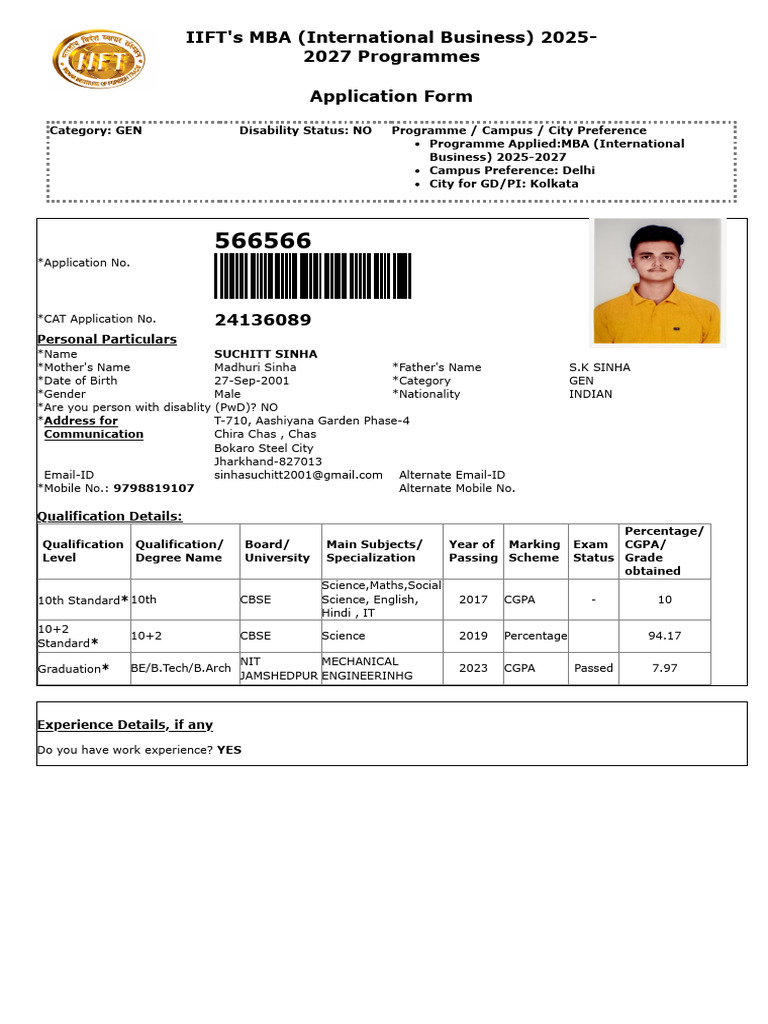 IIFT MBA Application Form 2025-2027 | PDF