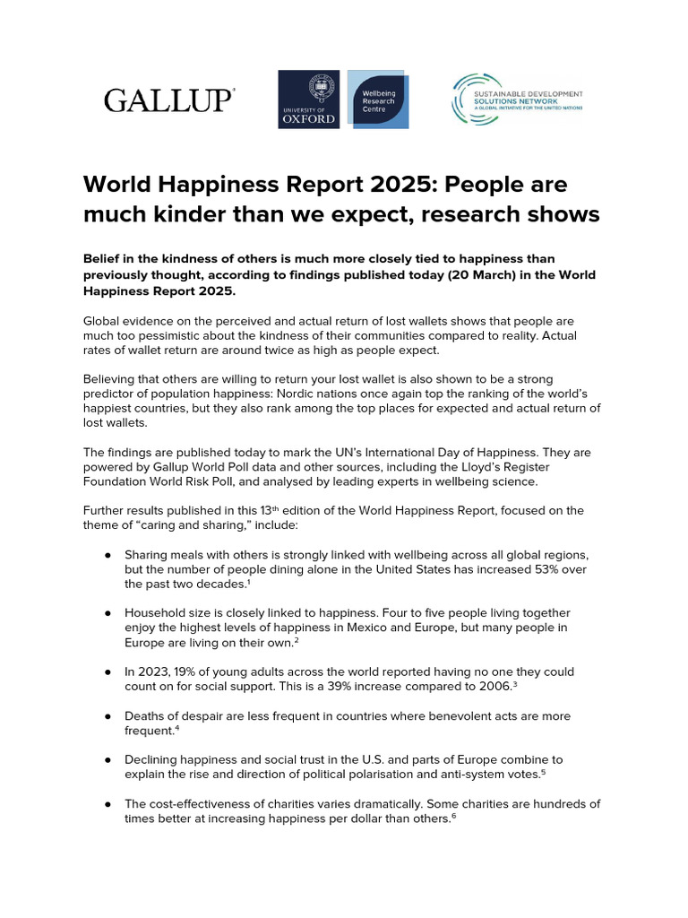 World Happiness Report 2025 Insights | PDF