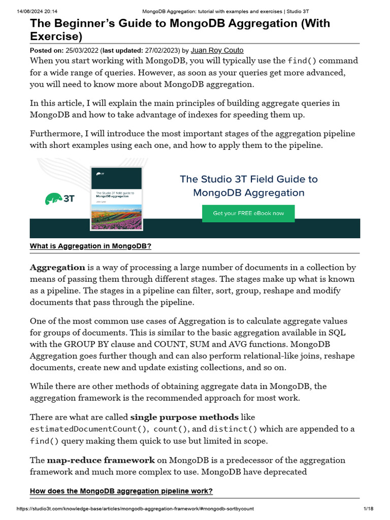 MongoDB Aggregation - Tutorial With Examples and Exercises - Studio 3T | PDF | Mongo Db | Map Reduce