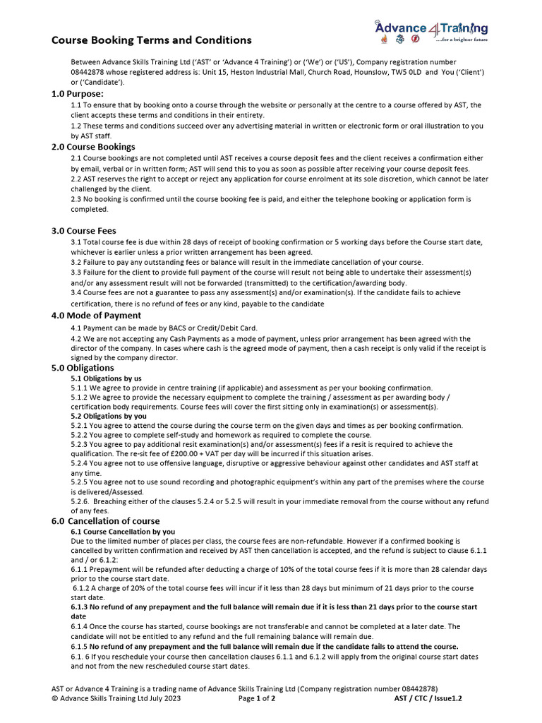 A4T Course Terms Conditions - Jul 2023 Issue 1.2 | PDF | Payments | Receipt