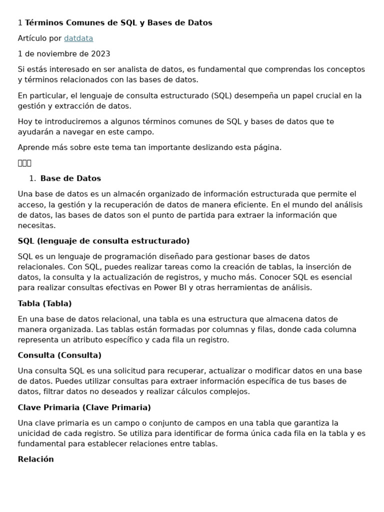 01 Términos Comunes de SQL y Bases de Datos | PDF | SQL | Bases de datos