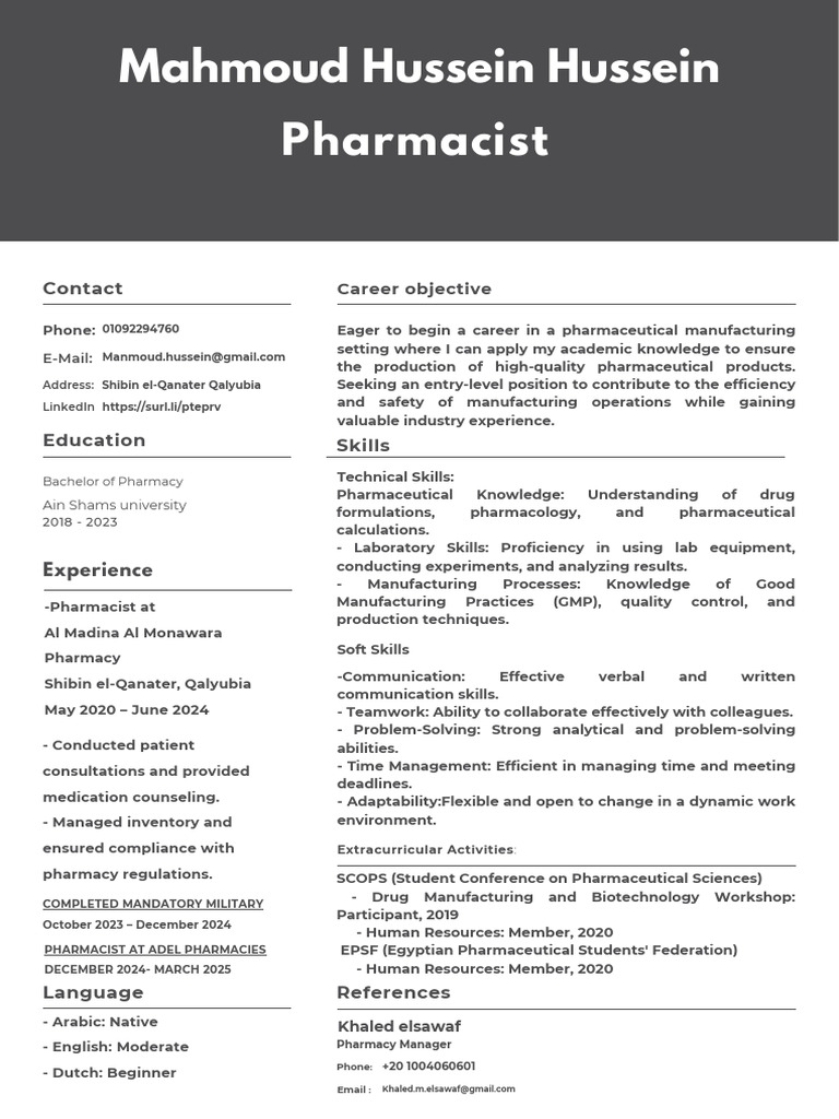CV - Mahmoud Hussein - 20250309 - 184249 - 0000 | PDF | Pharmacy | Health Care