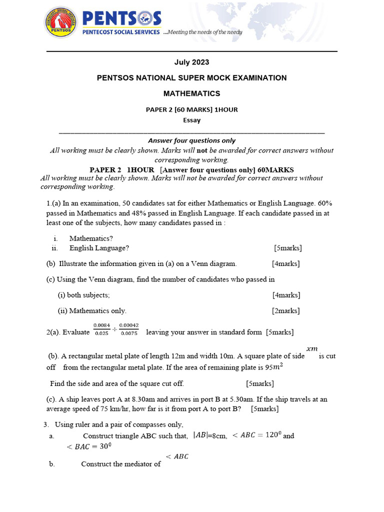 PENTSOS National Mock Examination Mathematics Paper | PDF | Mathematics